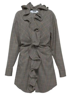 MSGM Ruffle Detailed Checked Mini Dress - Gray