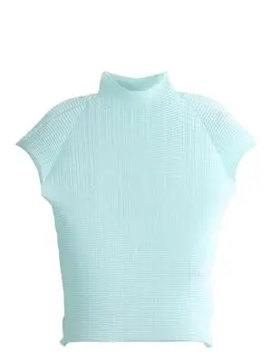 Issey Miyake Short-sleeved Mock Neck Top With Vertical Pleats - Blue