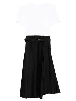 Sacai Pleated Midi Dress With Belted Waist - Black/white