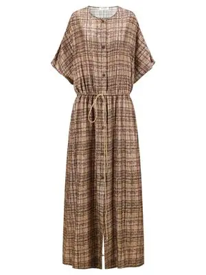 INTO THE EAST Plaid Silk Maxi Dress With Drawstring Waist - Stripe