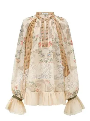 INTO THE EAST Floral Scroll Patchwork Lace Puff Sleeve Top