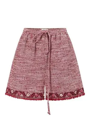 INTO THE EAST Embroidered Cotton, Wool And Linen Shorts - Red