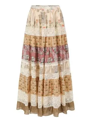 INTO THE EAST Into The East Floral Scroll Layered Lace Maxi Skirt