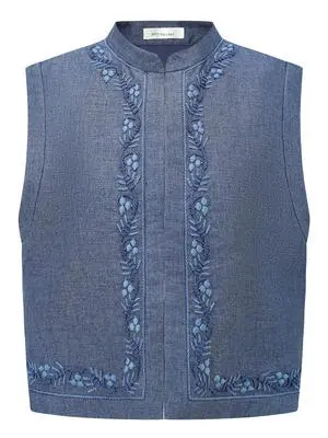 INTO THE EAST Embroidered Linen Vest - Blue