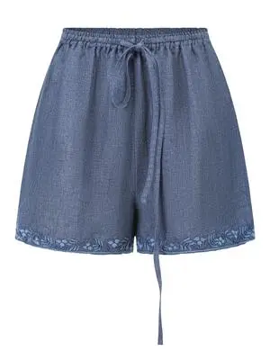 INTO THE EAST Embroidered Linen Drawstring Shorts - Blue
