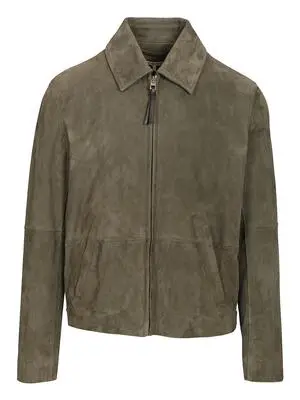 Loewe Lightweight Suede Lambskin Zip-up Jacket With Classic Collar - Green