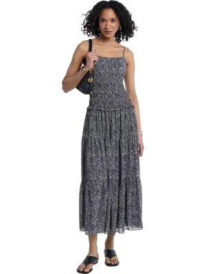 Michael Kors Abstract Print Georgette Smocked Midi Dress - Black