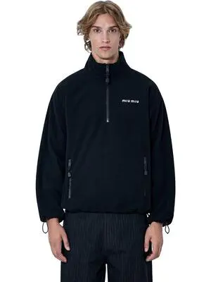 Miu Miu Half-zip Fleece Sweatshirt With Embroidered Logo - Black