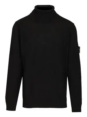 Stone Island Virgin Wool Turtleneck Sweater With Badge Detail - Black