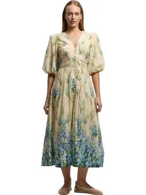 Karen Millen Floral Puff Sleeve Midi Dress - Blue