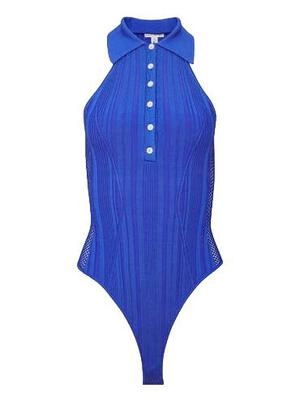 FLEUR DU MAL Ribbed Knit Halter Neck Bodysuit With Button Collar
