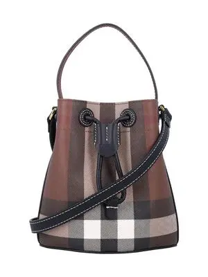 Burberry Mini Coated Cotton Bucket Bag With Leather Trim - Marrone