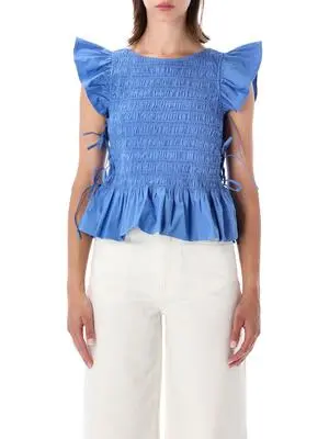 GANNI GANNI Smocked Cotton Flutter-Sleeve Top With Adjustable Tie Detail Marina Blue