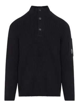 C.P. COMPANY Full Rib Half-button Crewneck Sweater - Black