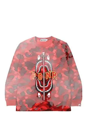 A BATHING APE Camo Ponr Shark Long Sleeve Tee Shirt - Red