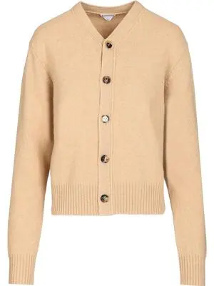 Bottega Veneta Cashmere V-neck Cardigan With Woven Leather Detail - Cream