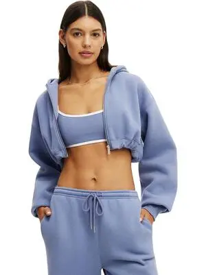Cotton:on Active Plush Micro Cropped Zip Through Hoodie - Blue Ice
