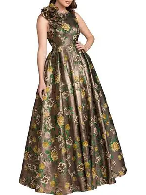 Mac Duggal Sleeveless Brocade Ballgown With 3d Flower - Gold