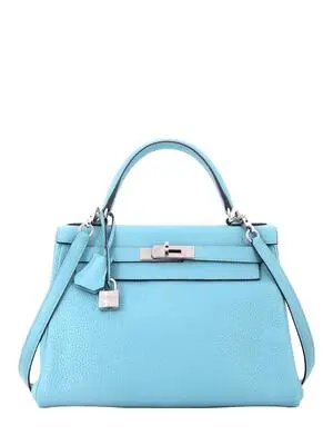 Hermès Kelly Handbag Clemence With Palladium Hardware 28 - Blue