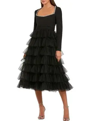 Mac Duggal Crepe And Tulle Crystal Tiered Long Sleeve Midi Dress - Black