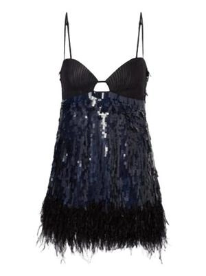 Johanna Ortiz Feather-trimmed Sequined Minidress - Black
