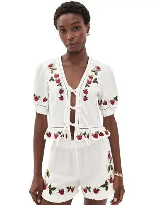 Sea Embroidered Strawberry Linen Blend Top - Cream