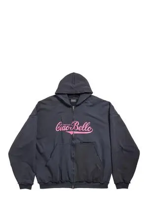 Balenciaga Logo Printed Zip-up Hoodie - Washed Black