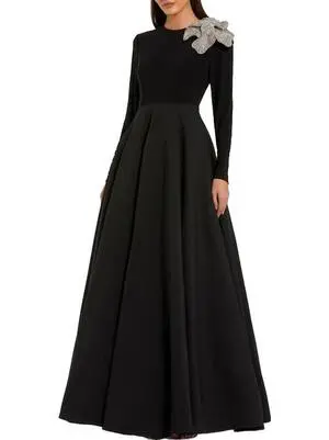 Mac Duggal Petite Long Sleeve Taffeta Ball Gown With 3d Flower Embellishment - Black