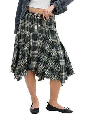 BDG URBAN OUTFITTERS Basque Check Cotton Midi Skirt - Grey Check