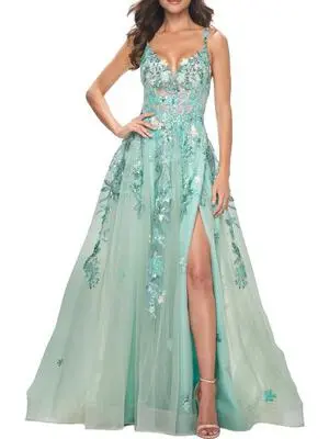 La Femme Sequin Floral Lace Applique A-line Tulle Gown - Sage
