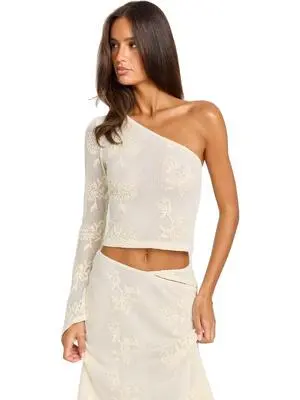 SASHA THERESE Lola One-shoulder Floral Crochet Top - Beige
