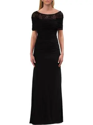La Femme Ruched Evening Gown With Illusion Lace Neckline - Black