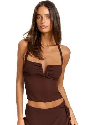 SASHA THERESE Victoria Halter Neck Gathered Bust Cropped Top - Chocolate