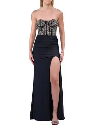 La Femme Strapless Rhinestone Corset Bodice Gown With Slit Skirt - Black