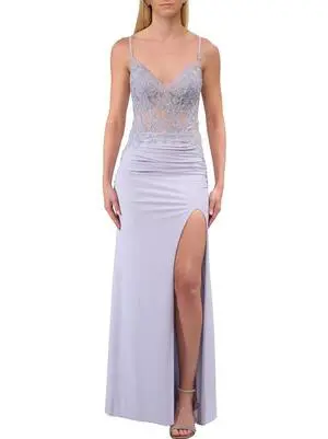 La Femme Jersey Prom Dress With Illusion Sides And V-neckline - Light Periwinkle