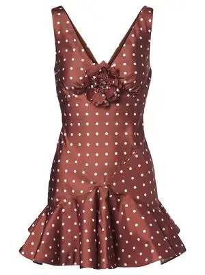 RODARTE Floral-appliqué Polka-dot Silk Twill Mini Dress - Brown