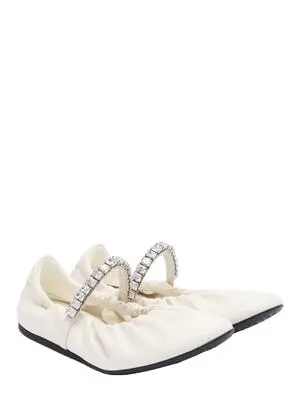 JIMMY CHOO Jade Embellished Leather Mary Jane Flats - White