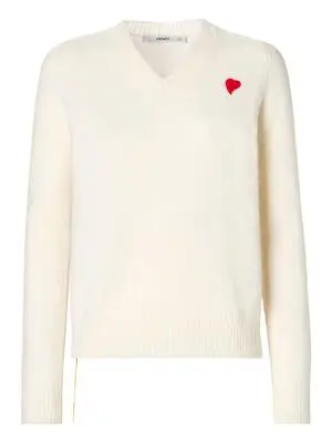 Fendi Ivory Cashmere V-neck Jumper With Embroidered Heart - White