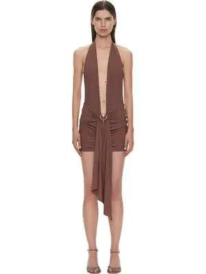 Christopher Esber Pierced Orbit Halter Drape Mini Dress - Husk Brown