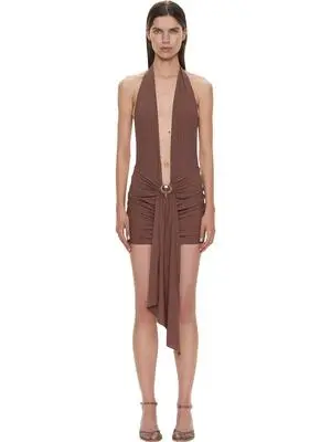 Christopher Esber Pierced Orbit Halter Drape Mini Dress - Husk Brown