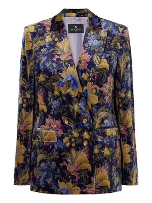Etro Double-breasted Floral-print Velvet Blazer - Blue