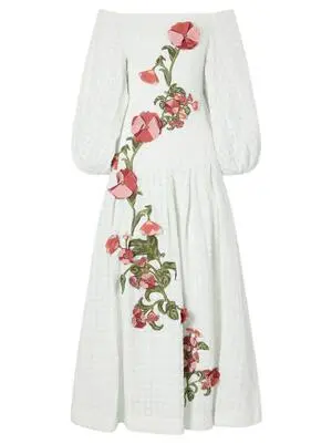 Agua Bendita Off-the-shoulder Checked Linen Maxi Dress With Floral Appliqu - Blue