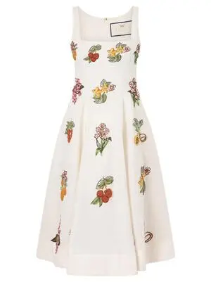 Agua Bendita Frontera Embellished Linen Midi Dress - Neutrals