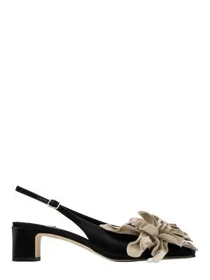 JIMMY CHOO Eyla Sling Back 45 Black And Bone Satin Slingbacks With Floral Accent - Black/bone