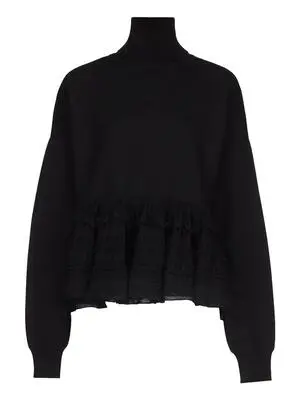 Alaïa High Neck Lace Trimmed Peplum Sweater - Black