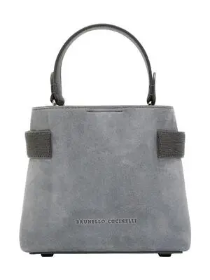 Brunello Cucinelli Suede Top Handle Bag With Embellished Straps - Grey