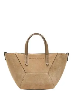 Brunello Cucinelli Mini Panelled Suede Tote With Bead Embellishments - Tan