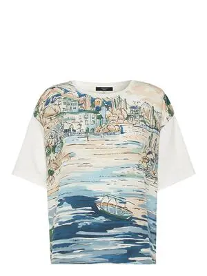 Max Mara Silk-trim Printed T-shirt - Turquoise