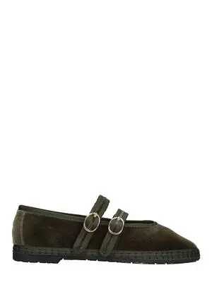 FLABELUS Velvet Claire Mary Jane Flats With Buckle Detail - Green
