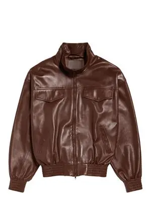 Balenciaga Leather High Neck Blouson Bomber Jacket - Blue